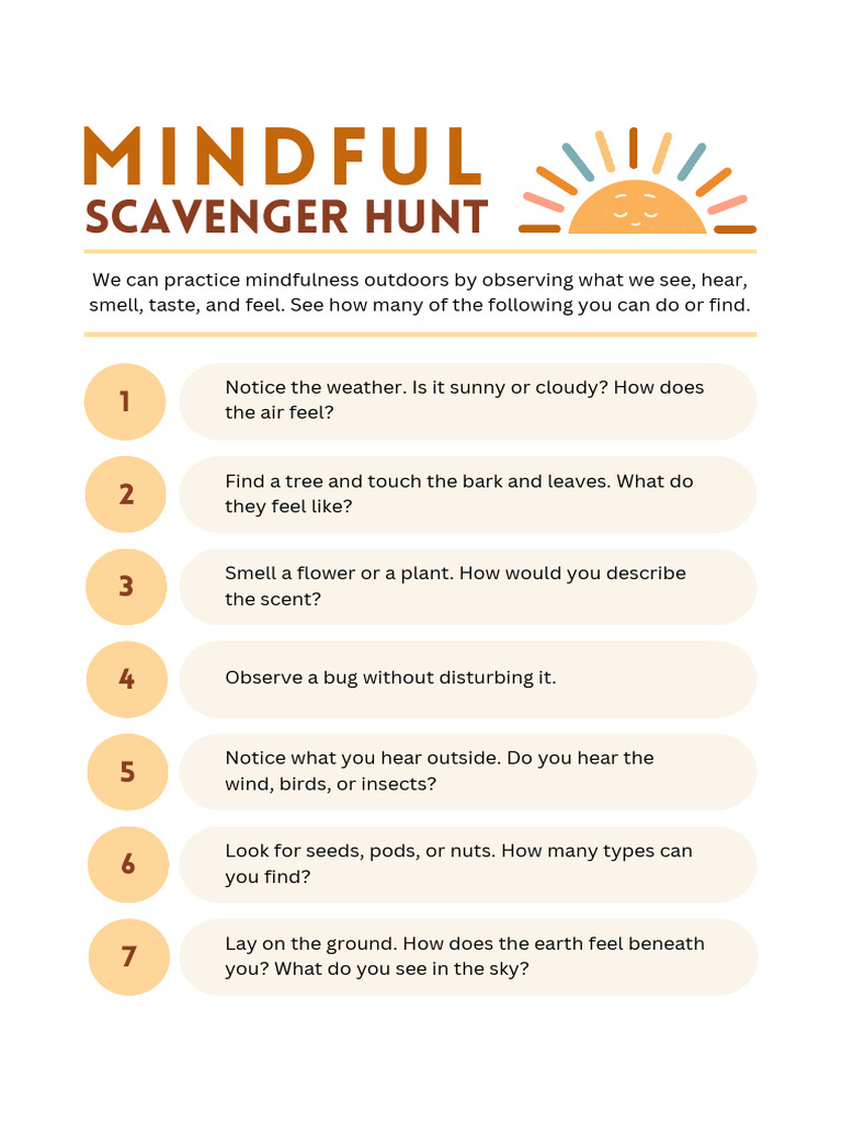Mindful Scavenger Hunt Worksheet in White Yellow Flat Graphic Style | PDF