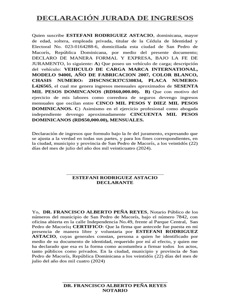 DECLARACIÓN JURADA DE INGRESOS (Estefani Rodriguez Astacio) | PDF ...
