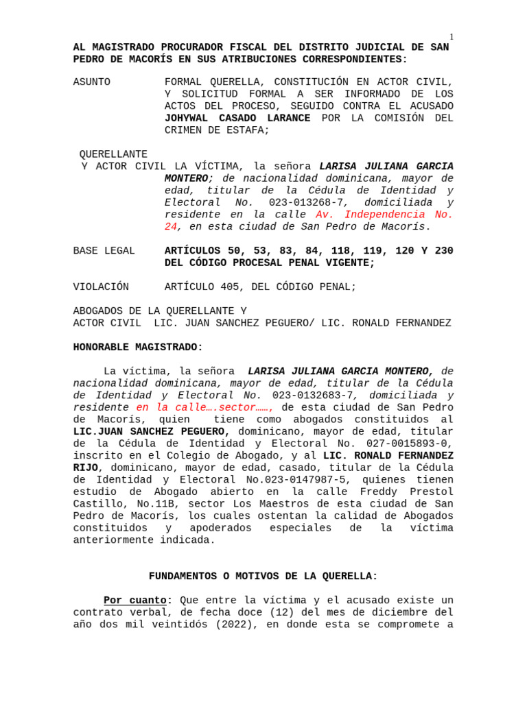 Querella Por Estafa - LARISA | PDF | Victimologia | Queja
