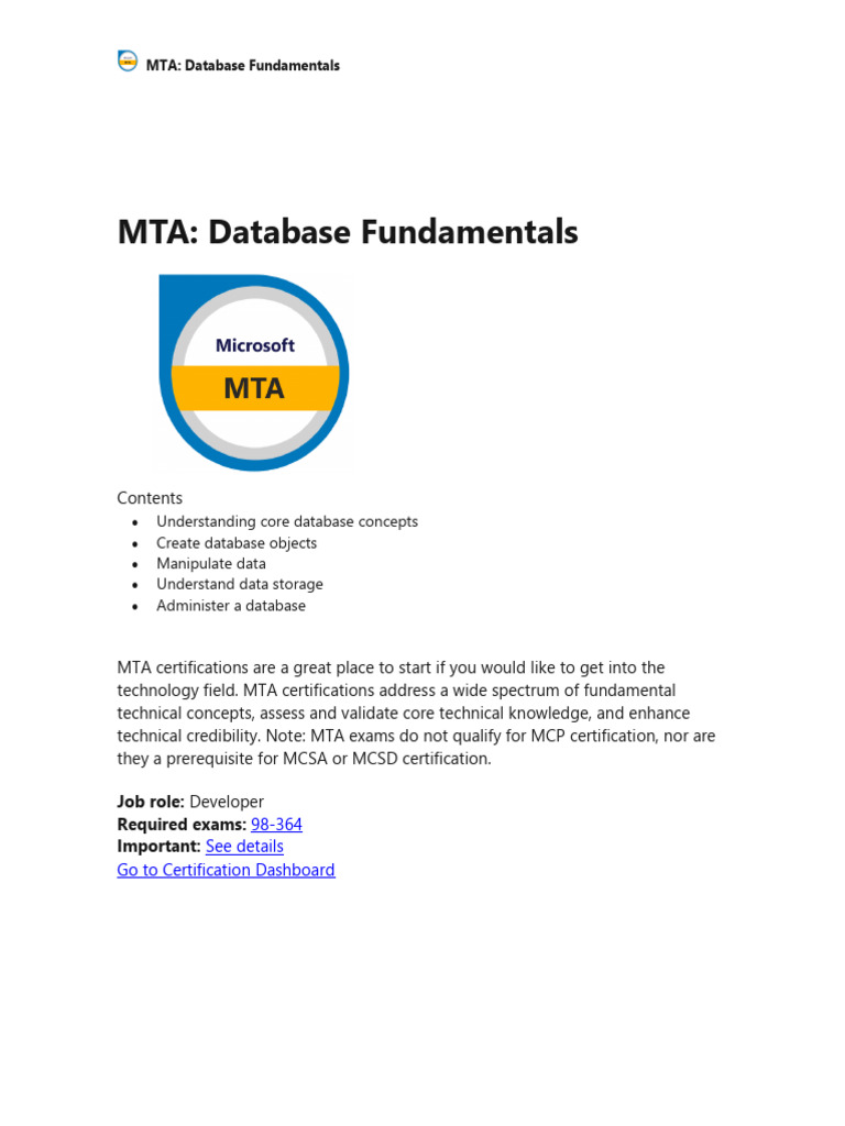 MTA Database Fundamentals | PDF | Databases | Sql