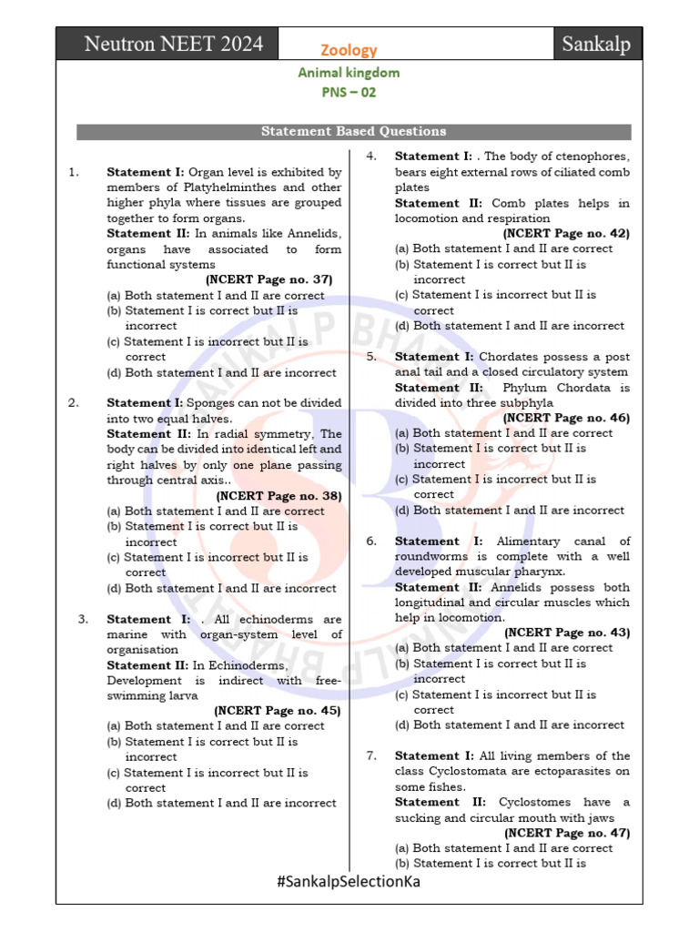 Animal Kingdom PNS 02 (Statement Based Questions)_2293_1723075590592 | PDF