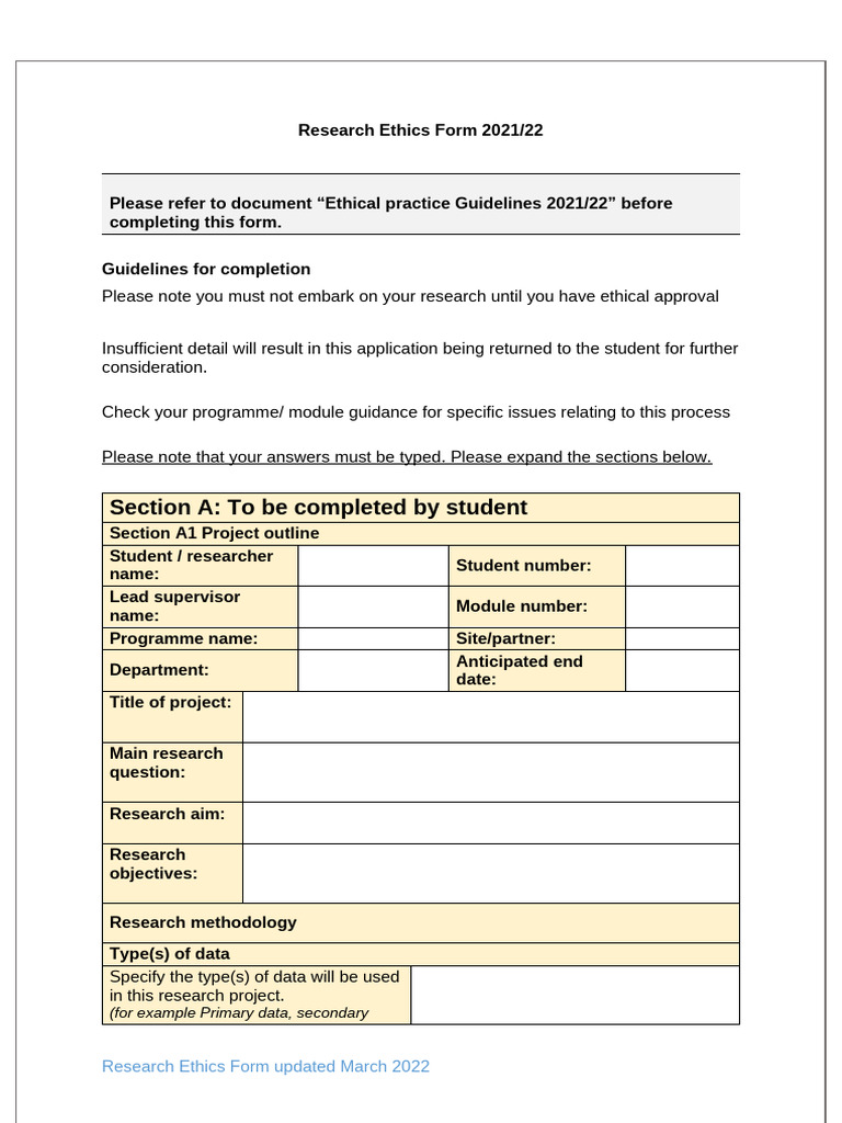 Research Ethics Approval Form 2021/22 | PDF | Data | Institutional ...