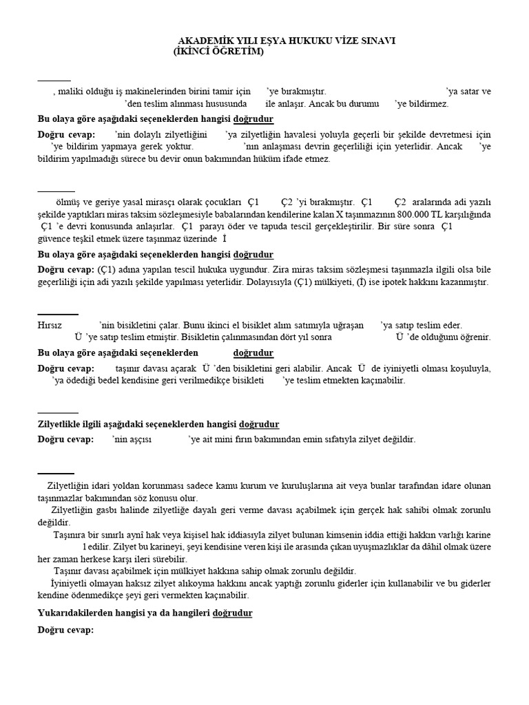 2016 2017 Eşya Hukuku Yıllık Vize İkinci Öğretim Cevap Anahtarı | PDF