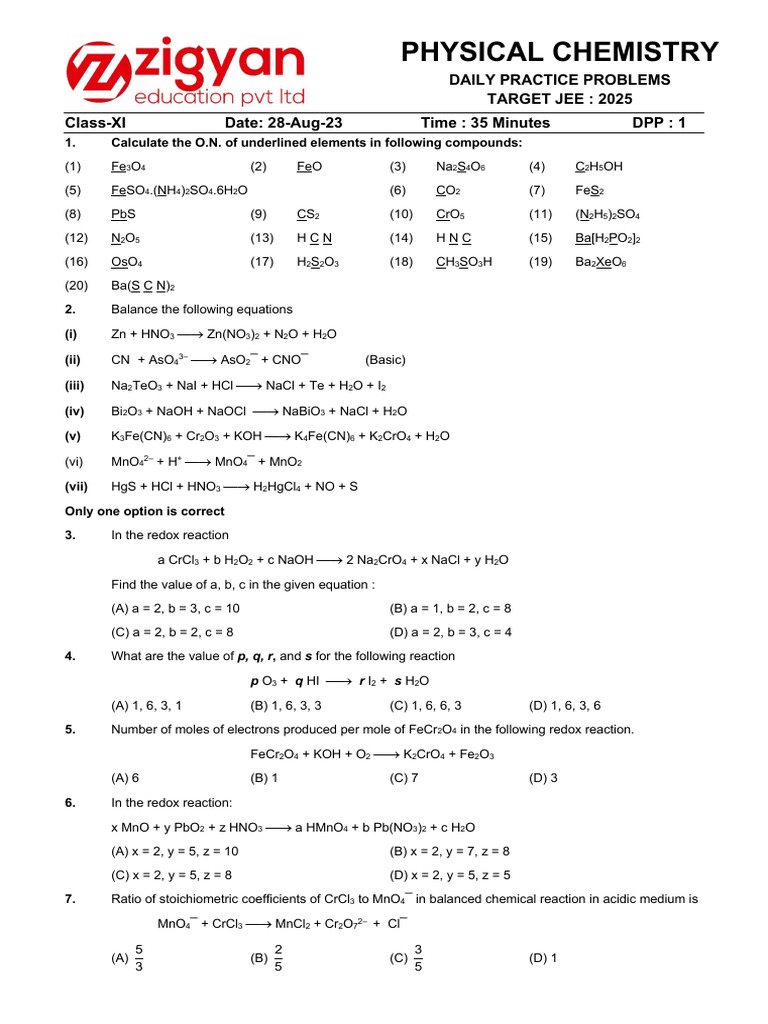 Class-XI - DPP 20 - Redox - Without Ans | PDF | Chemical Reactions | Physical Chemistry