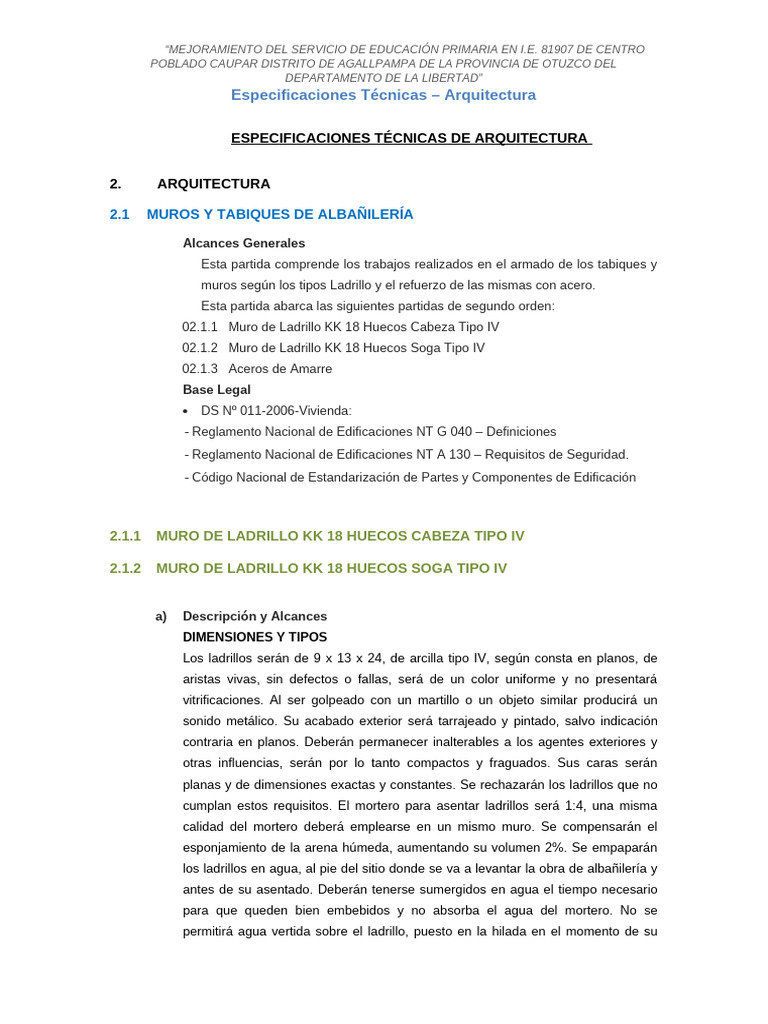 03.02. Especificaciones Técnicas Arquitectura | PDF | Hormigón | Albañilería
