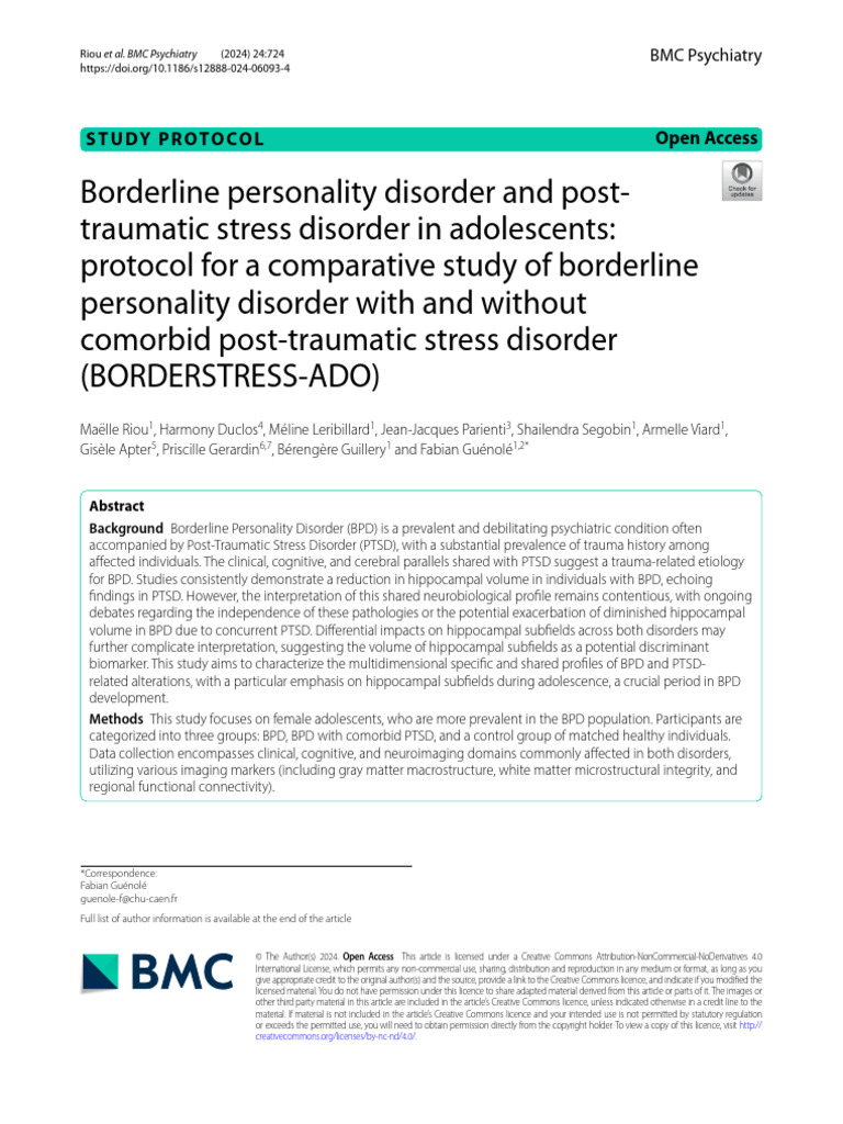 Study Protocol Open Access | PDF | Borderline Personality Disorder ...