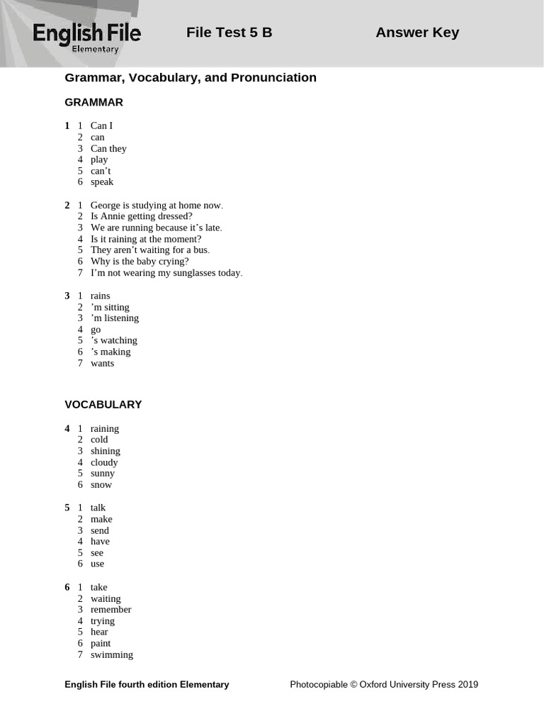 EF4e Elem Filetest 05b Answer Key | PDF | English Language | Speech