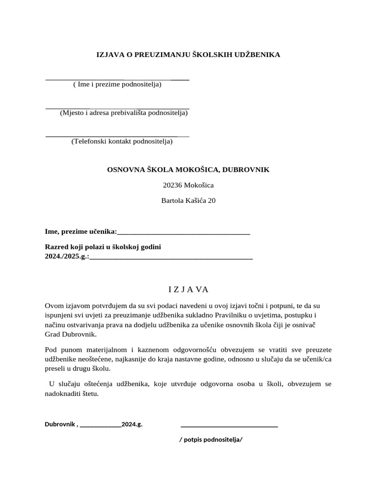 Izjava o Preuzimanju Knjiga | PDF