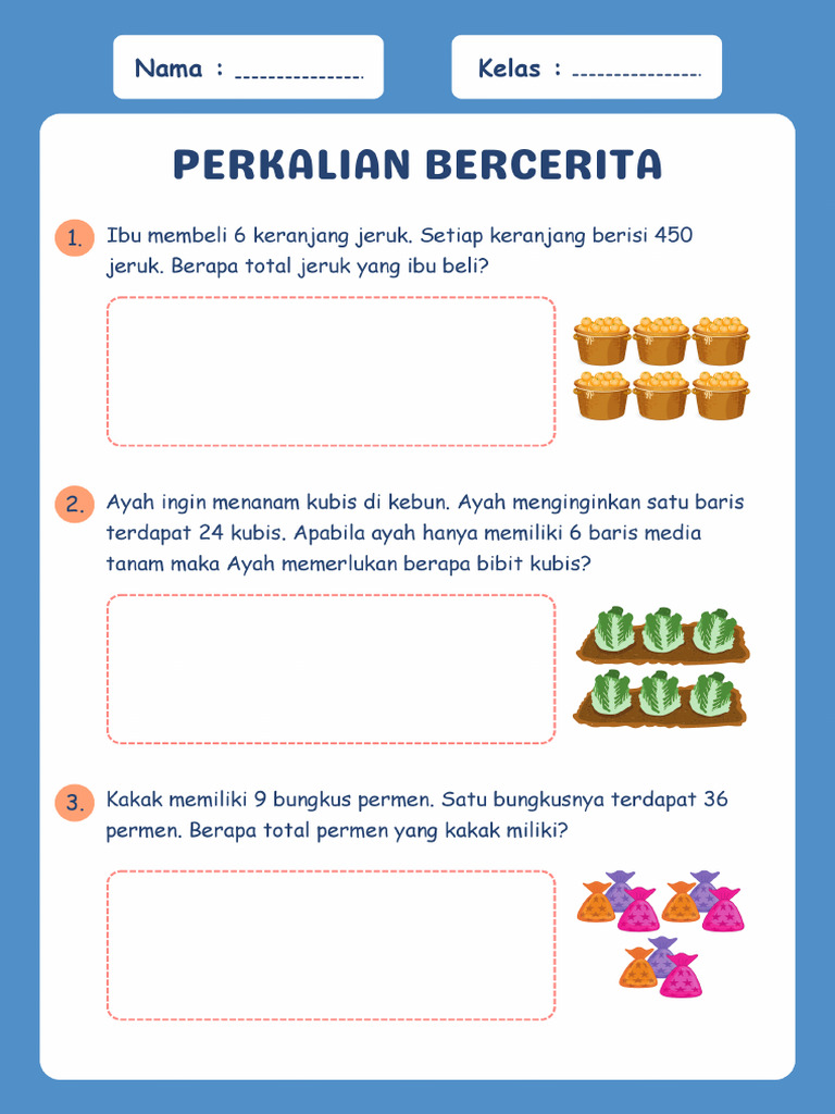 Perkalian Bercerita Lembar Kerja Matematika Biru Ilustratif | PDF