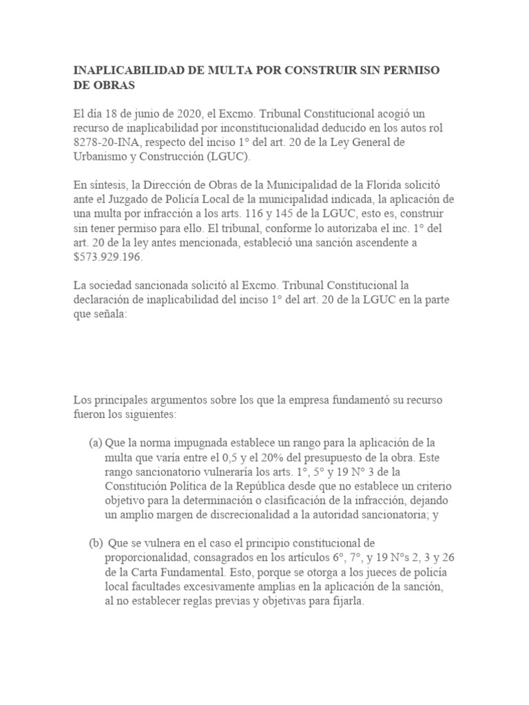 Inaplicabilidad de Multas Por Infracción A La Ley General de Urbanismo y Construcción | PDF ...