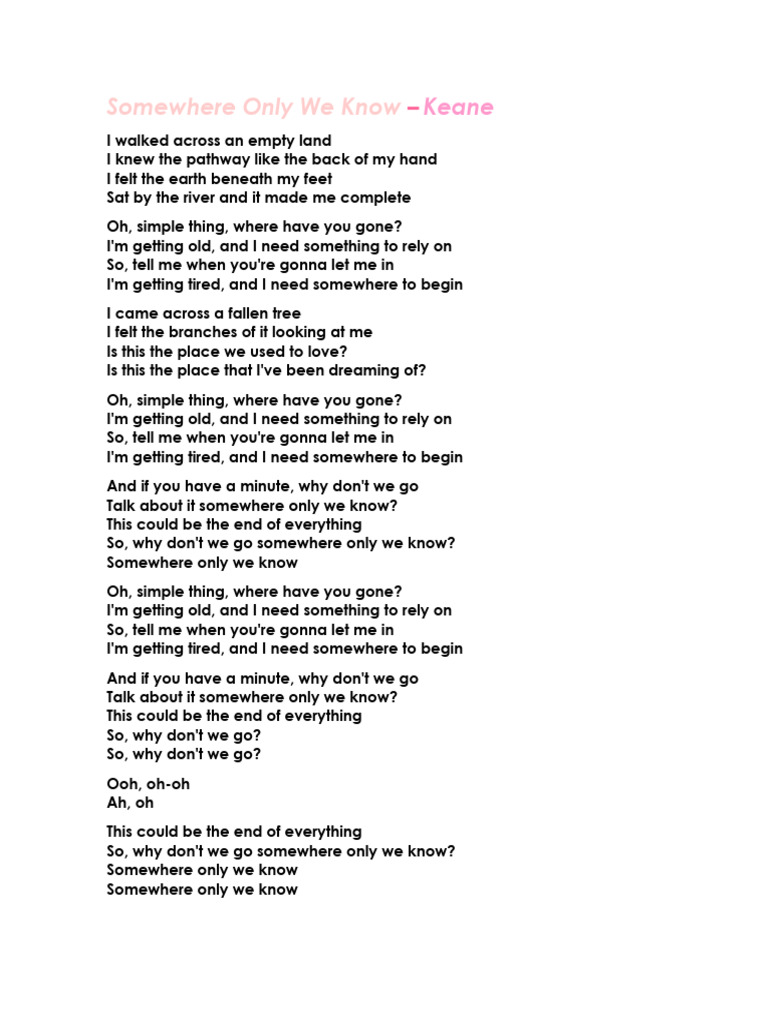 Keane's "Somewhere Only We Know" Lyrics | PDF