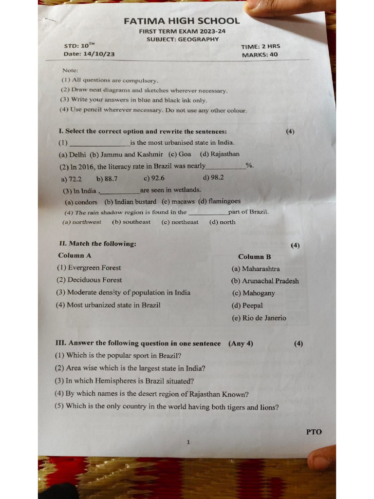 Geography Class 10th - Term | PDF