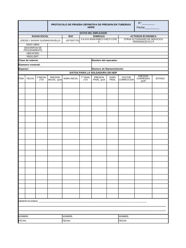 Protocolo de Prueba Definitiva de Presion en Tuberias Hdpe | PDF
