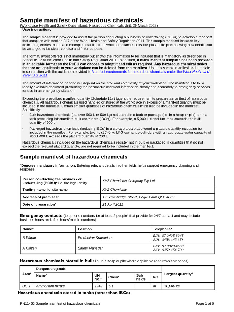 Sample Manifest Hazardous Chemicals | PDF | Dangerous Goods | Safety