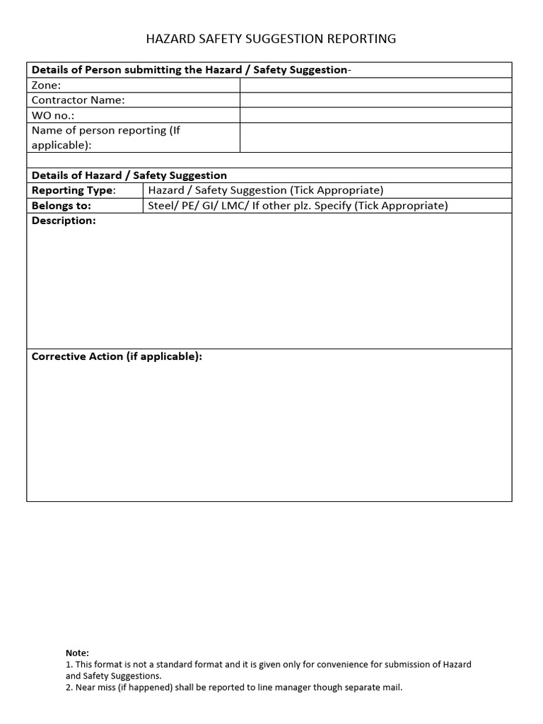 Near Miss, Hazard and Safety Suggestion Reporting Format | PDF