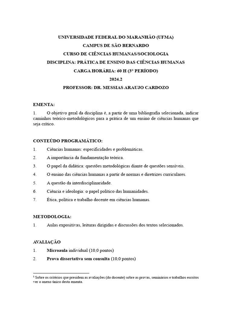 ementa, 3 periodo, 2024 ponto 2, pratica em ciencias humanas | PDF | Science | Bibliografia