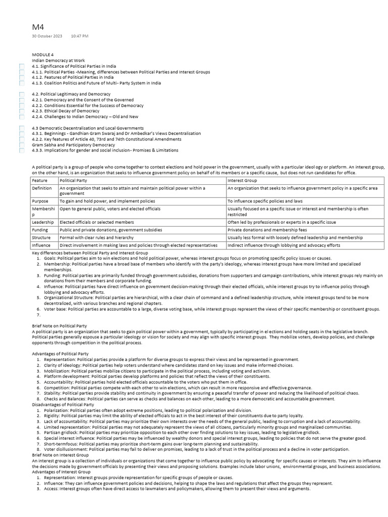 Political Science Notes | PDF | Political Parties | Advocacy Group