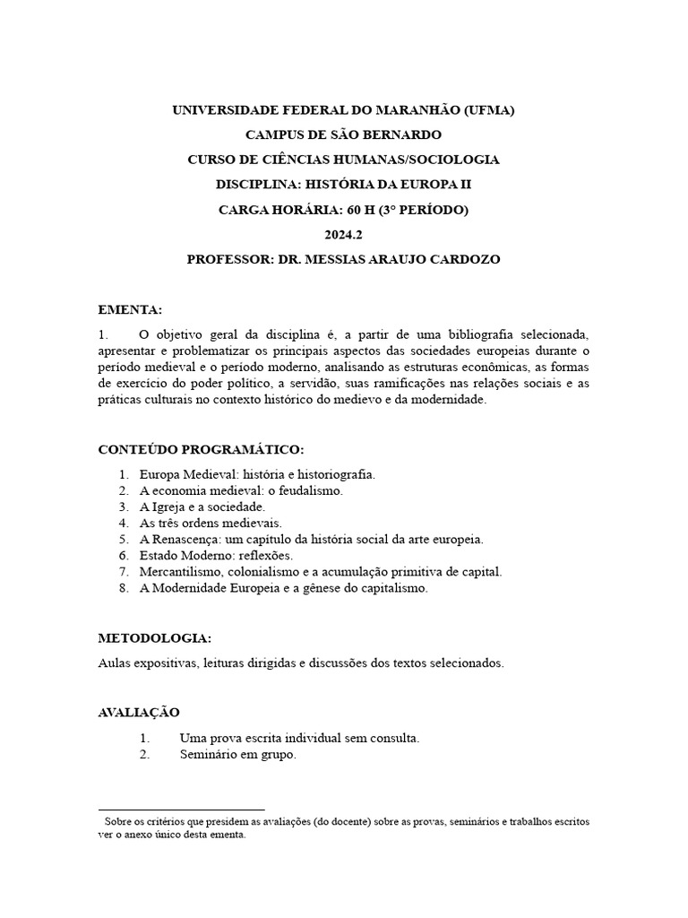 Ementa, 3 Periodo, Europa 2 | PDF | Sociologia | Idade Média