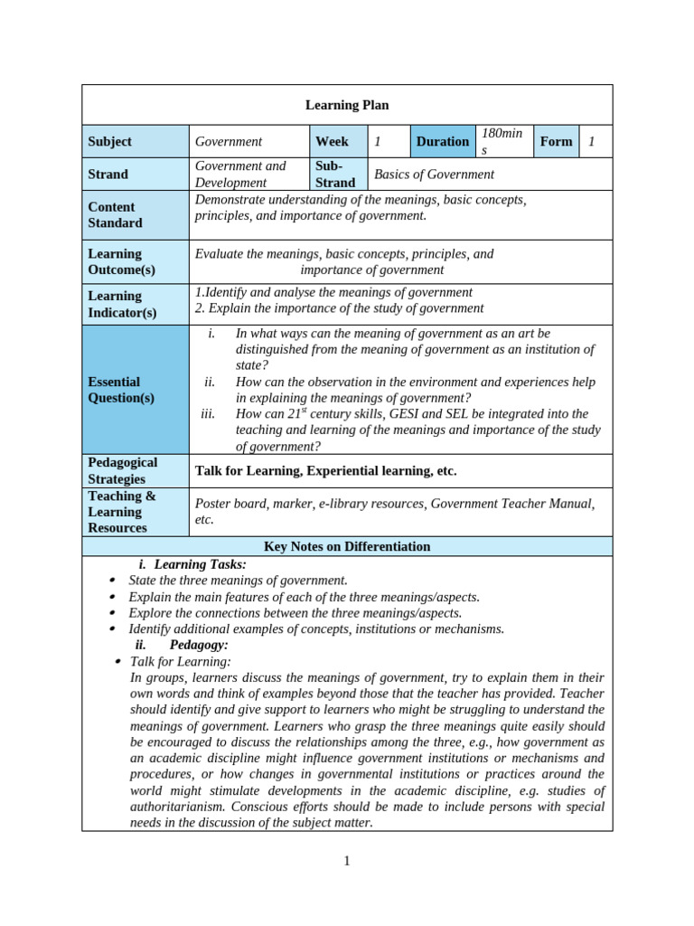 GOV'T 24WEEKS LEARNING PLAN | PDF | Learning | Pedagogy