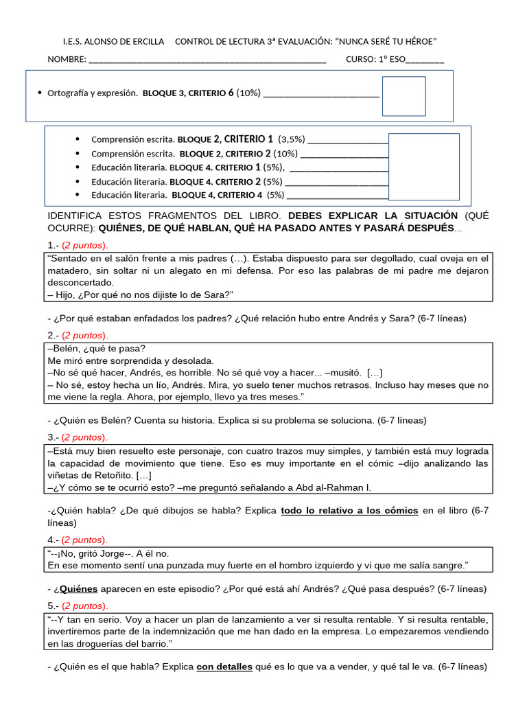 1º Eso Control Nunca Seré Tu Héroe | PDF