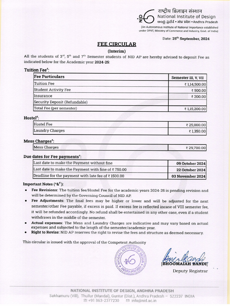 Fee Circular (Odd Semester AY 2024-25) | PDF