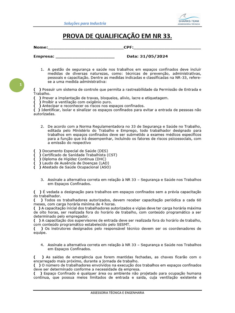 Prova de NR 33 | PDF