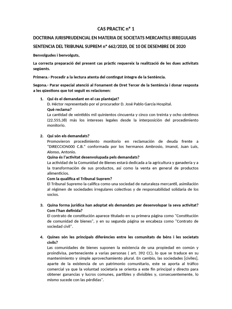 CAS PRACTIC Nº 1 DERECHO MERCANTIL | PDF | Sociedad de responsabilidad limitada | Sociedad