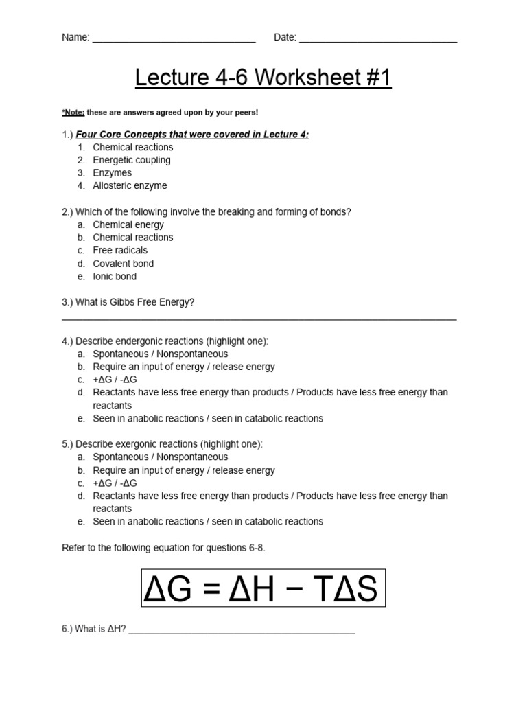 Lecture 4-6 Worksheet #1-1 | PDF | Cellular Respiration | Adenosine Triphosphate