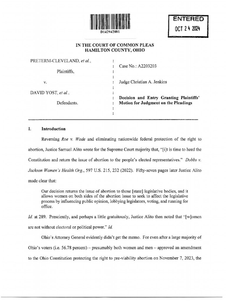 Preterm Cleveland v. Yost Final Ruling | PDF