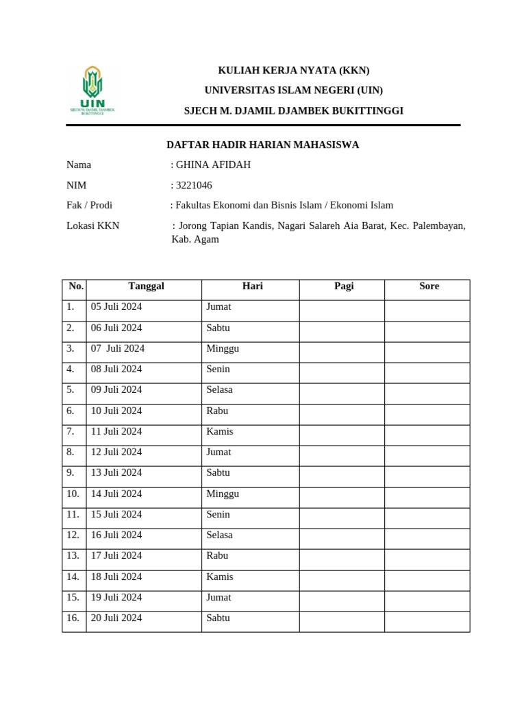 Absen KKN Tapian Kandis | PDF