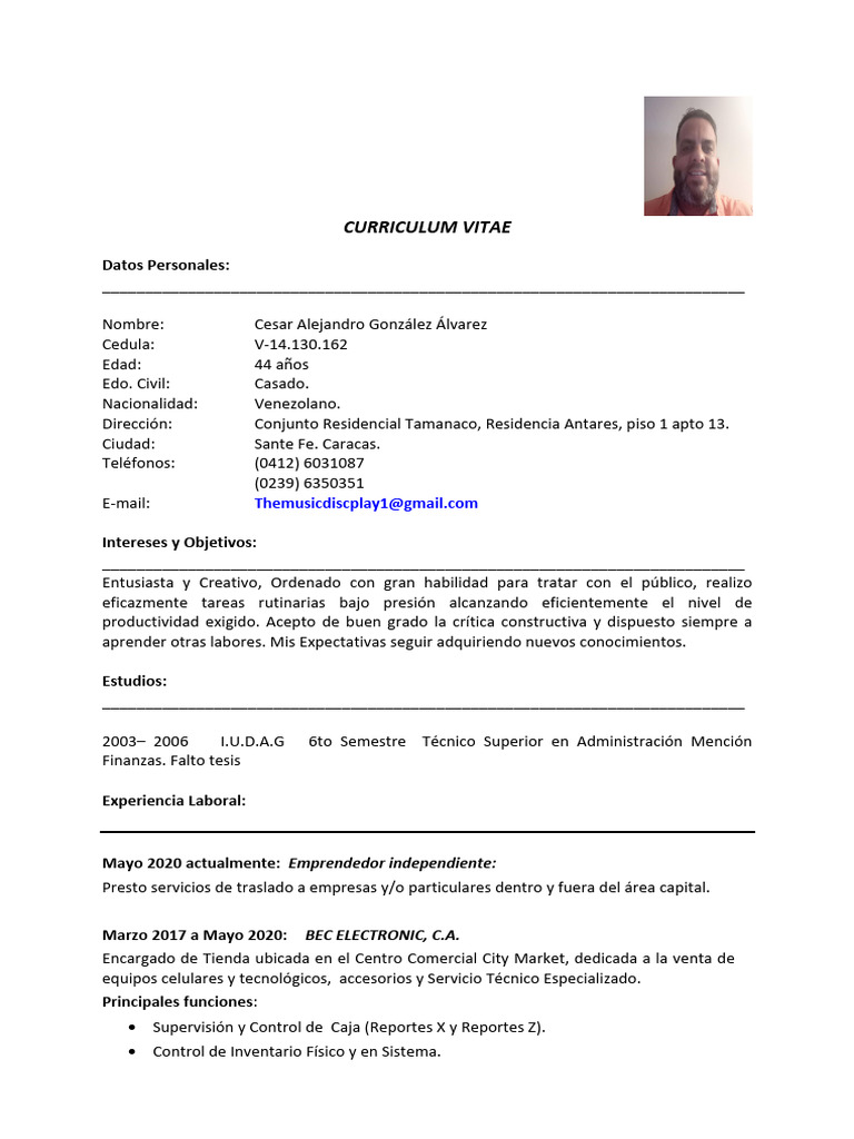 Curriculum Cesar Gonzalez | PDF | Teléfonos móviles | Póliza de seguros