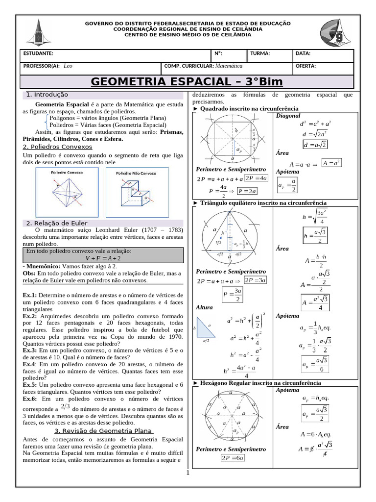 Lista de Geometria Espacial - 2° Ano - 3° Bim | PDF | Vértice ...