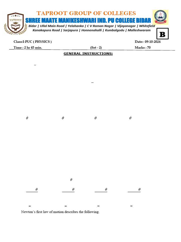 I PUC Physics Mid-Term Exam 2024-25 | PDF | Force | Acceleration