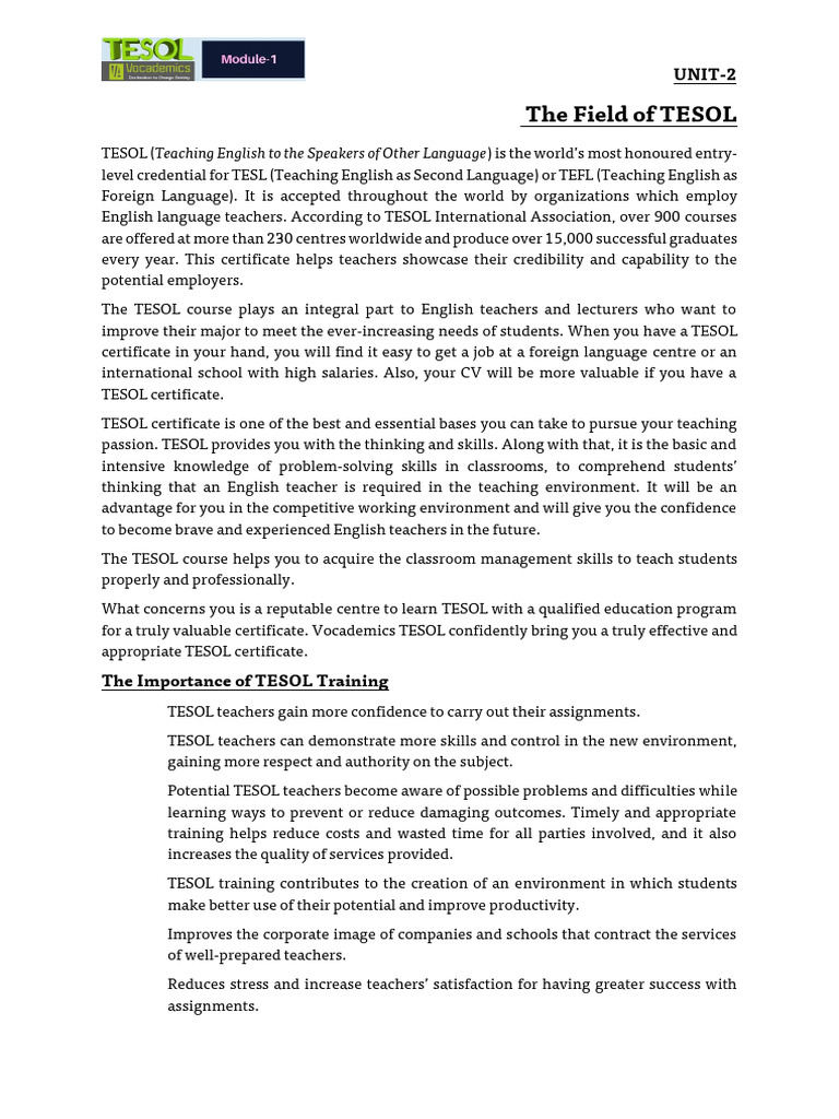 M1 - Unit 2 - The Field of TESOL | PDF | English As A Second Or Foreign ...