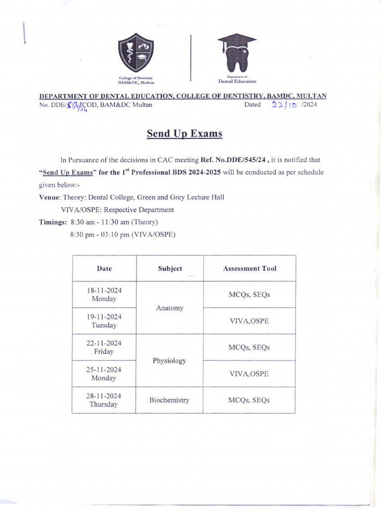 554-24 Send Up Exam Date Sheet 1st Year BDS | PDF