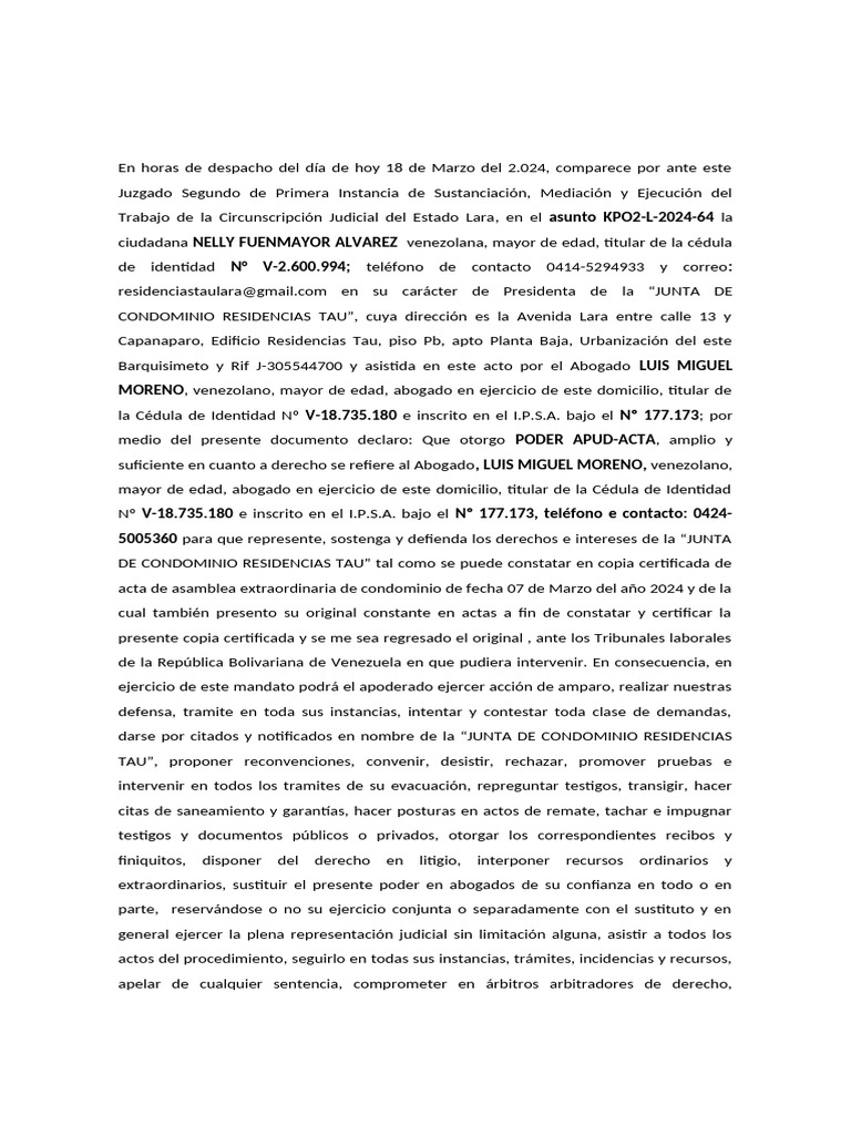 modelo de poder Apud acta laboral | PDF | Condominio | Documento de ...