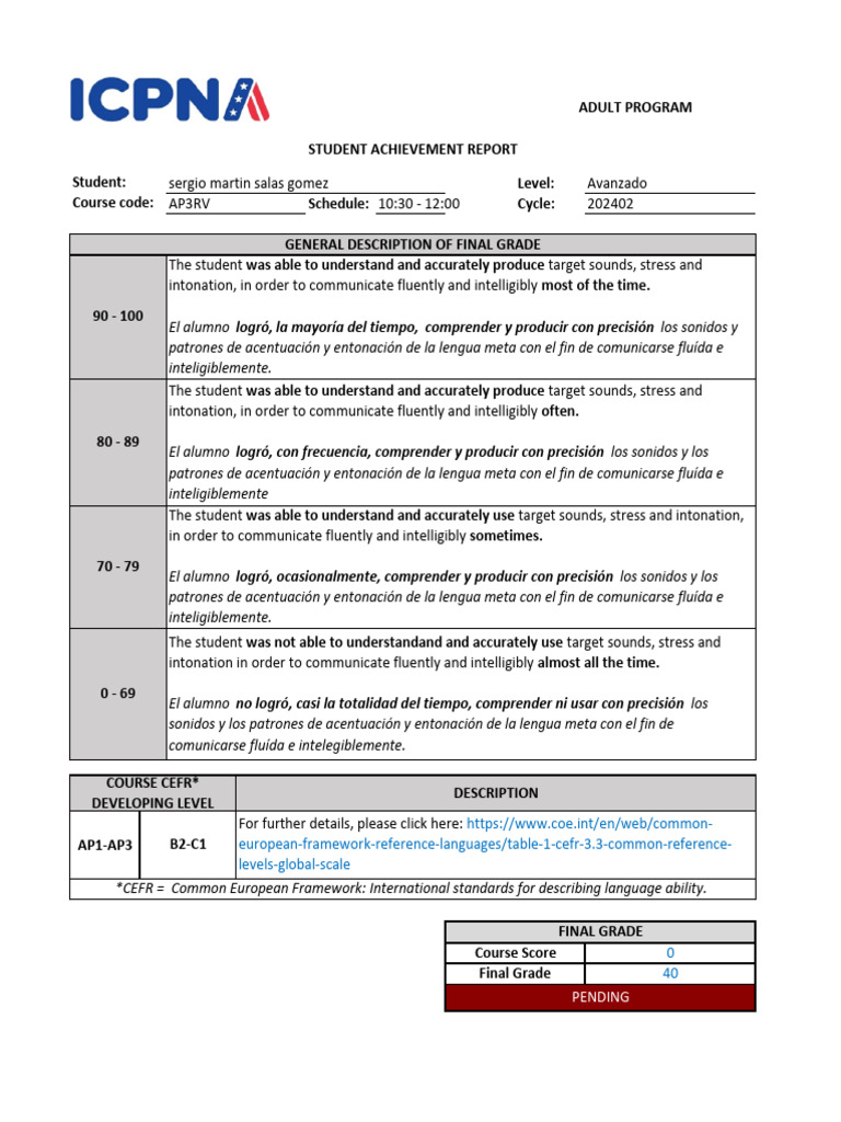 Niveles de Evaluación para Icpna | PDF