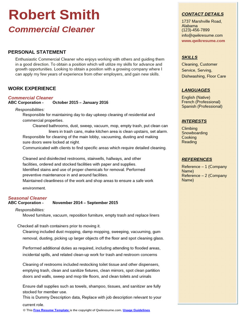 Commercial Cleaner Resume | PDF | Public Toilet | Hygiene