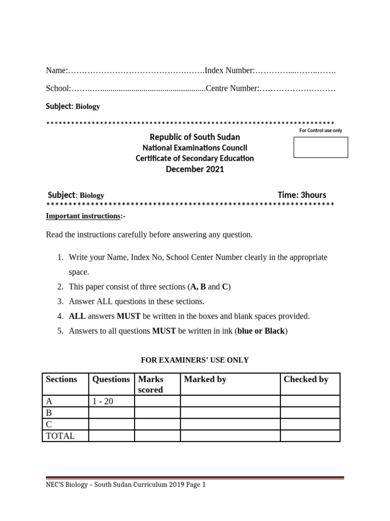 South Sudan Biology Exam Paper 2021 | PDF | Enzyme | Cellular Respiration