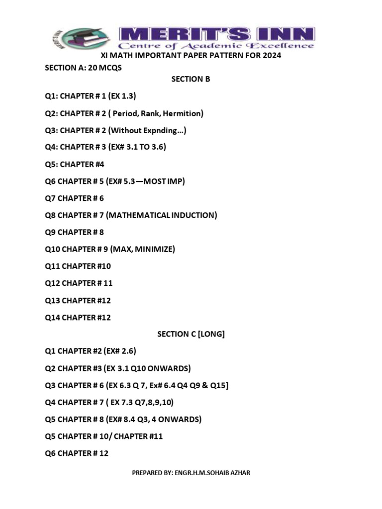 Xi Math Important Paper Pattern For 2024 | PDF | Teaching Methods & Materials | Computers