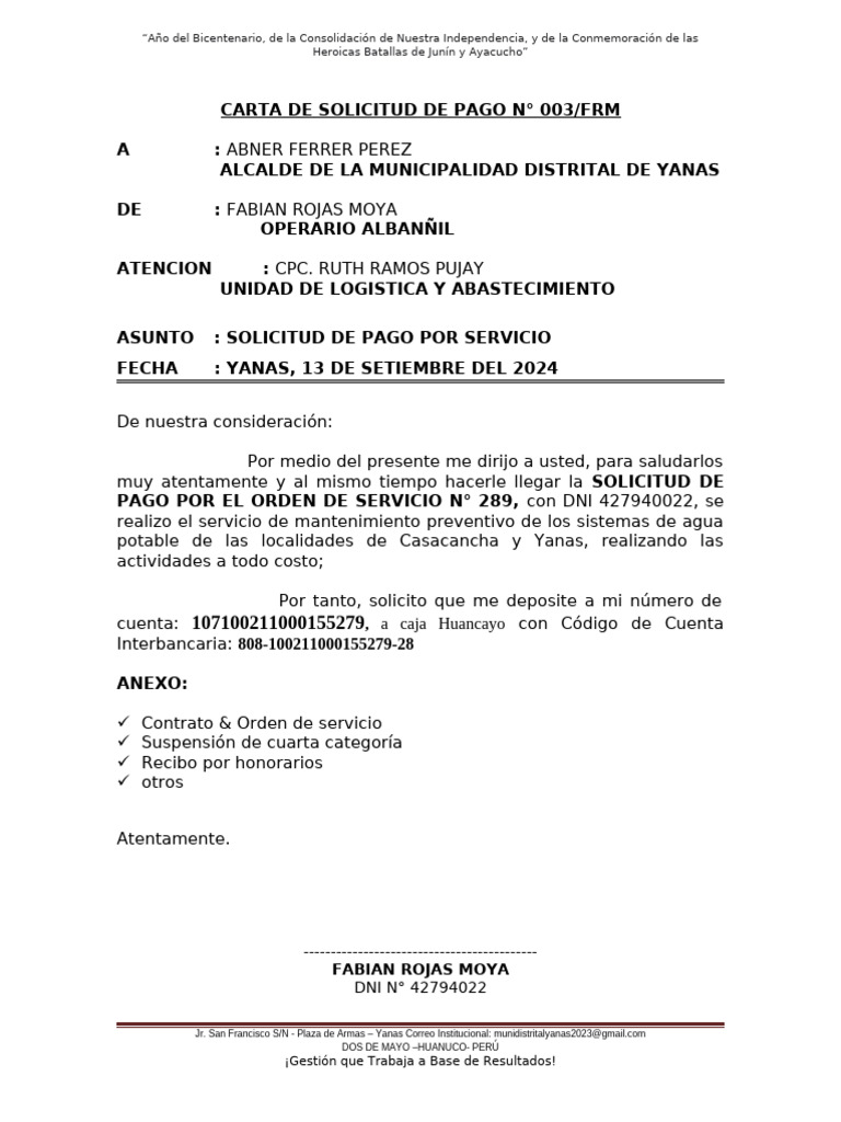 CARTA DE SOLICITUD DE PAGO N° 003 | PDF