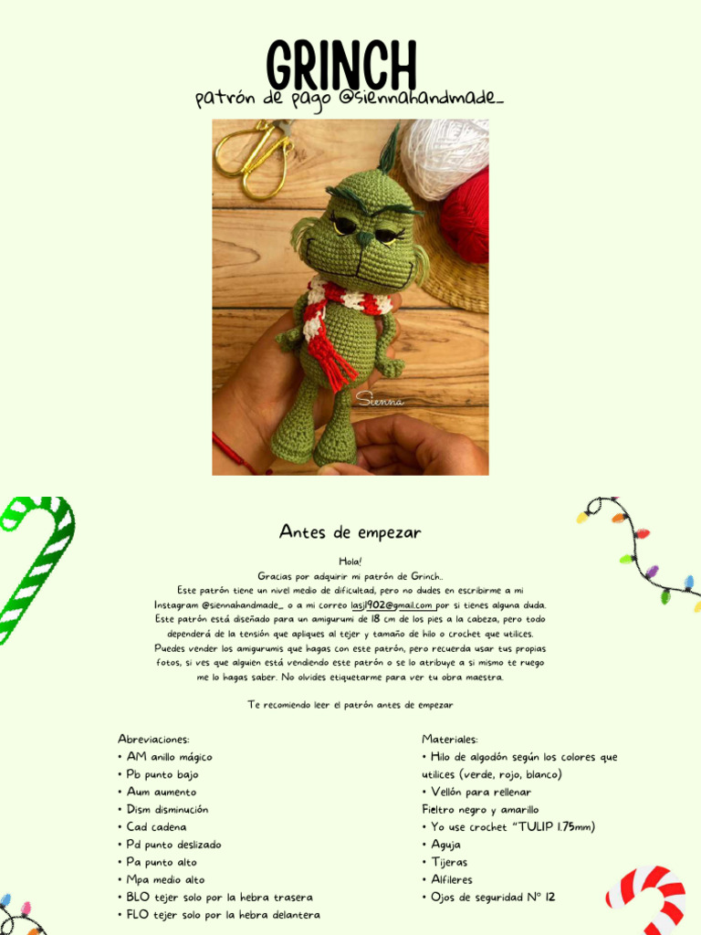 Patrón de Amigurumi Grinch y Max | PDF | Amigurumi | Costura