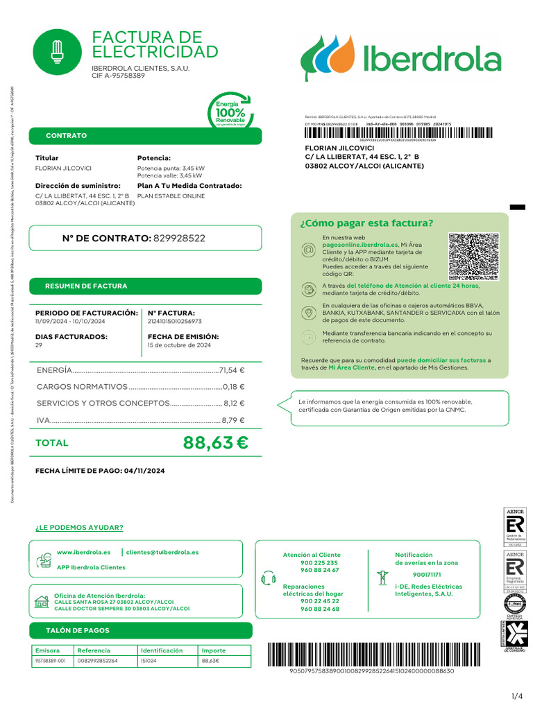 Factura de Electricidad Iberdrola | PDF | Tarjeta de débito
