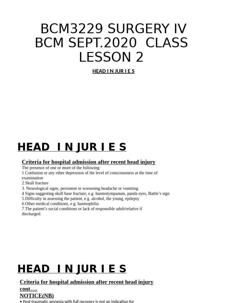 2-Bcm3229 Surgery IV Head Injuries Lesson 2 | PDF | Traumatic Brain ...