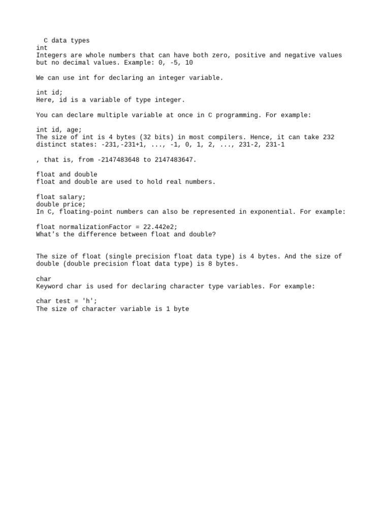 C Data Types Pdf Teaching Methods And Materials