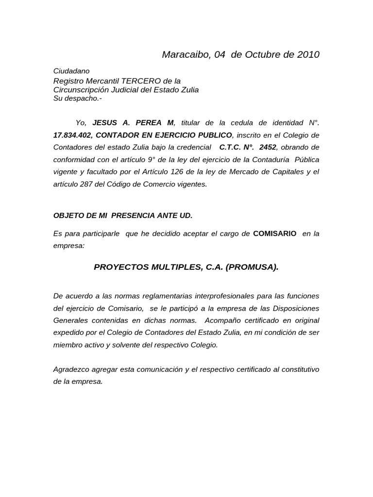 Carta de Comisario Aceptacion | PDF | Contador | Documento de identidad