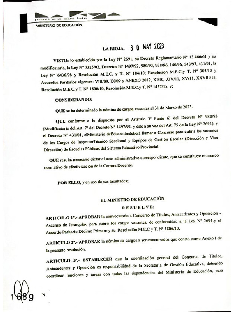 Resol M e 1689 23 Ascenso Nivel Inicial Primario | PDF