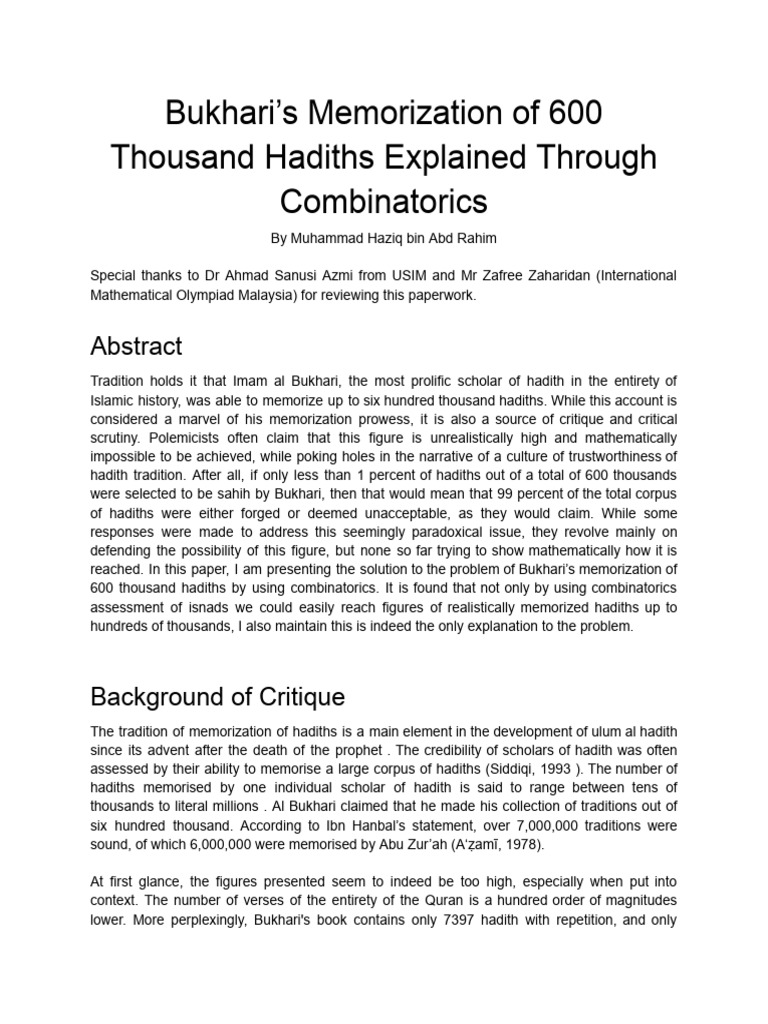 Bukhari's Memorization of 600 Thousand Hadiths Explained Through | PDF ...