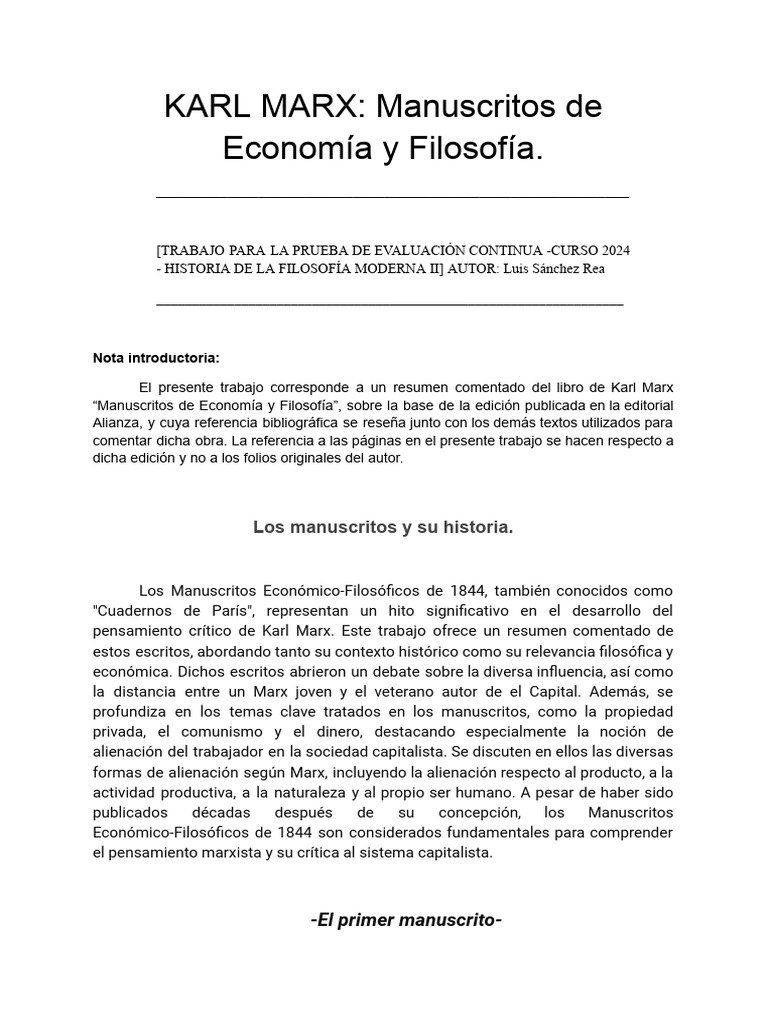 Resumen de Manuscritos de Marx 1844 | PDF | Karl Marx | Capitalismo