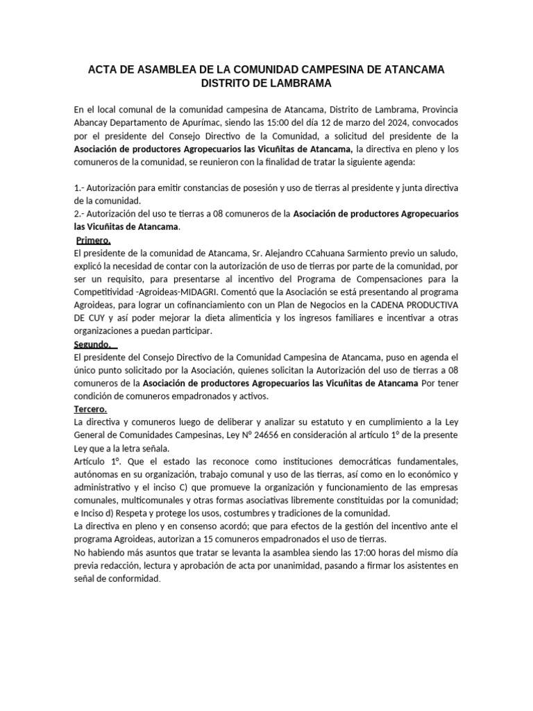 Acta de Asamblea Comunal de Autorizacion de Uso de Tierras Atancama | PDF | Gobierno